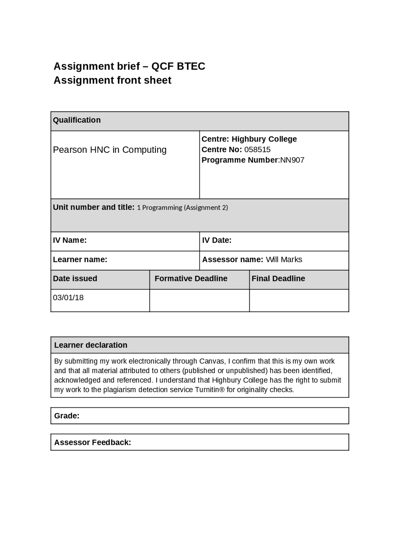 Unit 1 Programming Hnd Computing Docsity