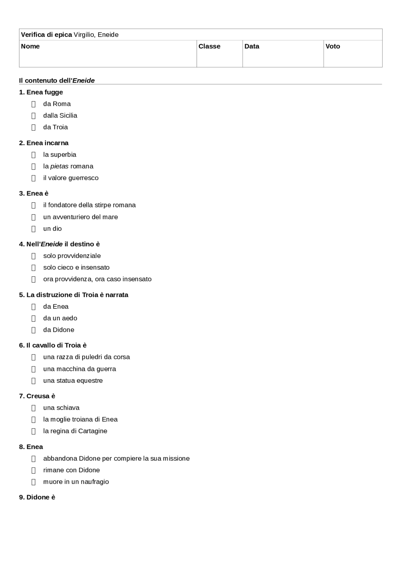 Eneide - prova di verifica | Esercizi di Italiano | Docsity