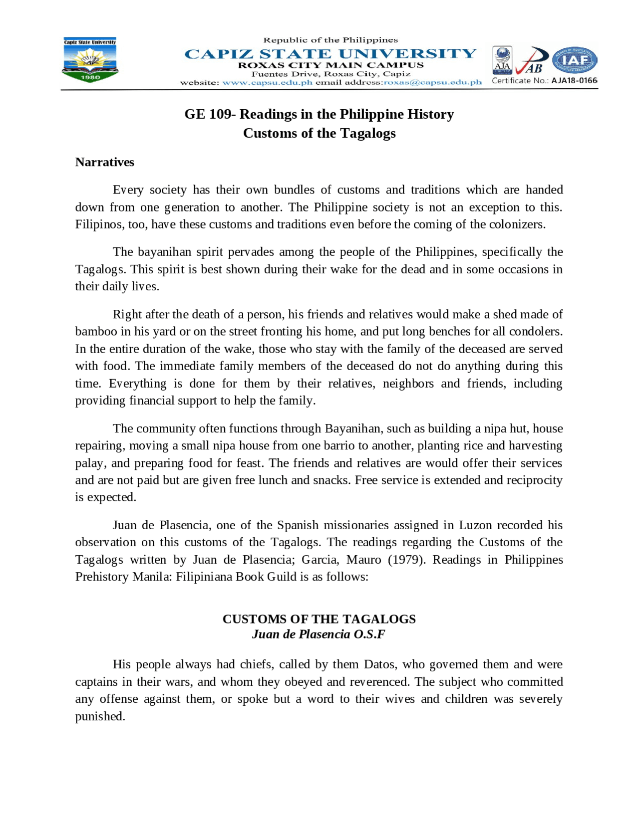 Customs Of The Tagalogs Summaries History Docsity