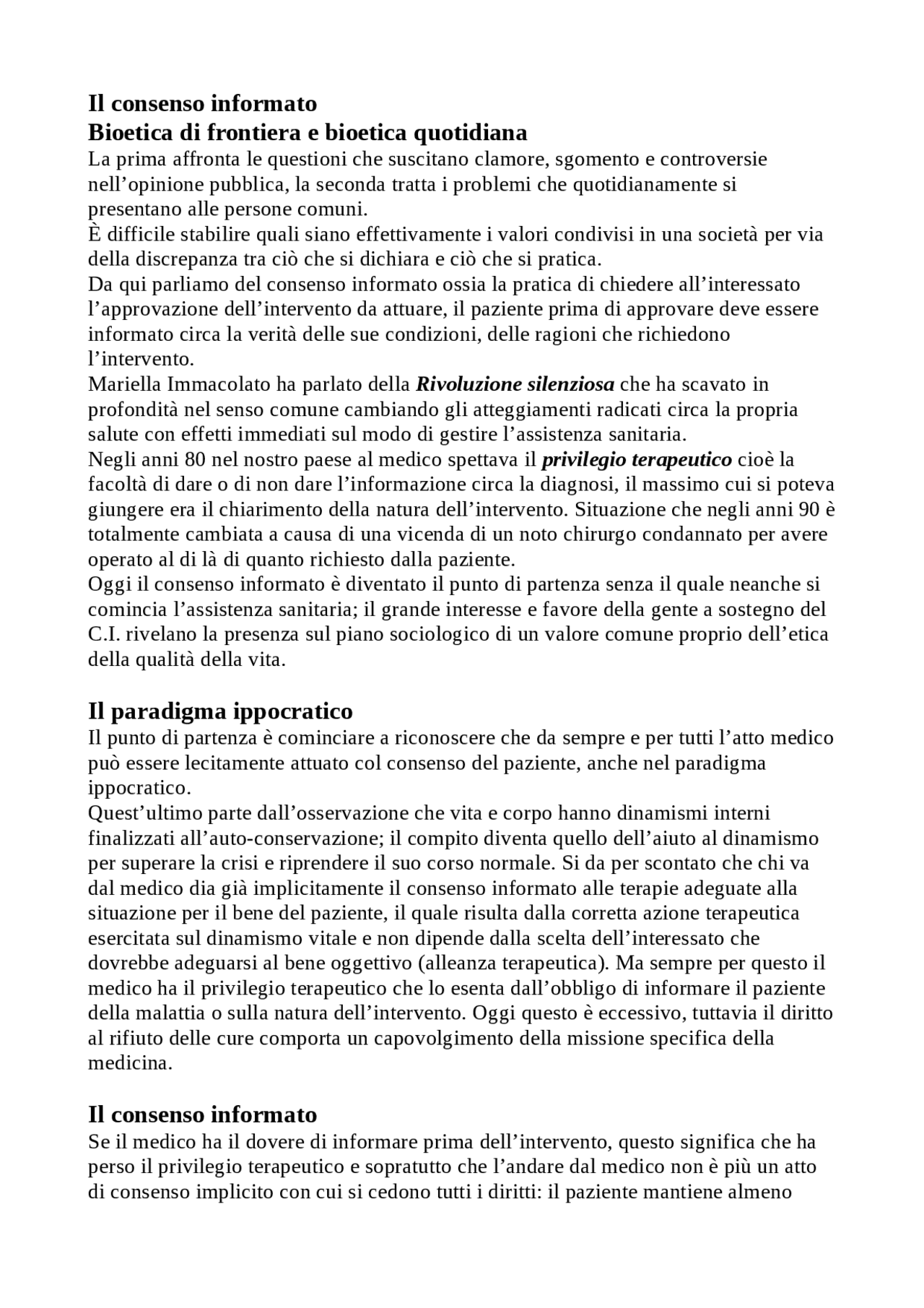 Il Consenso Informato Appunti Di Bioetica Docsity