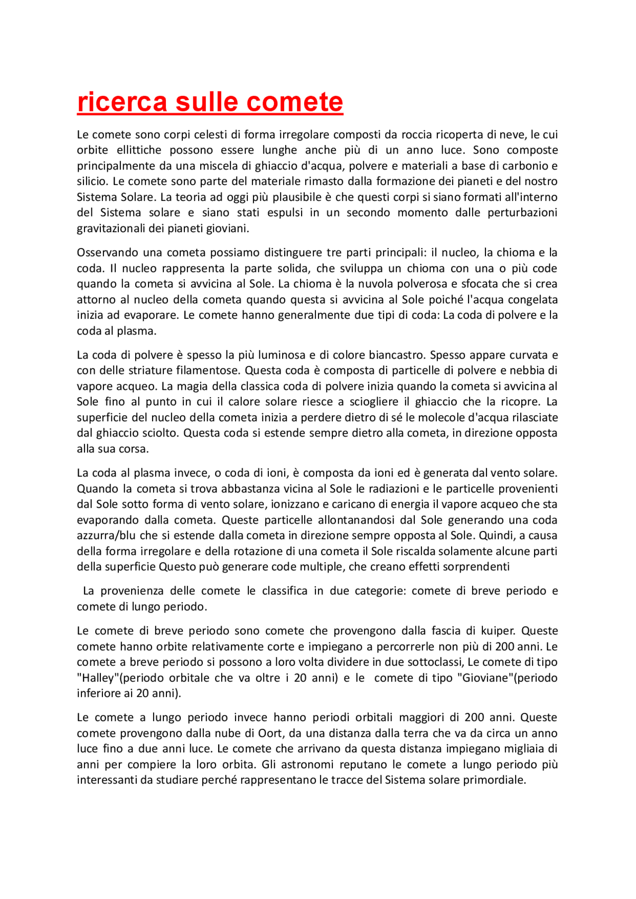 Le Comete Astri Piu Lontani Docsity
