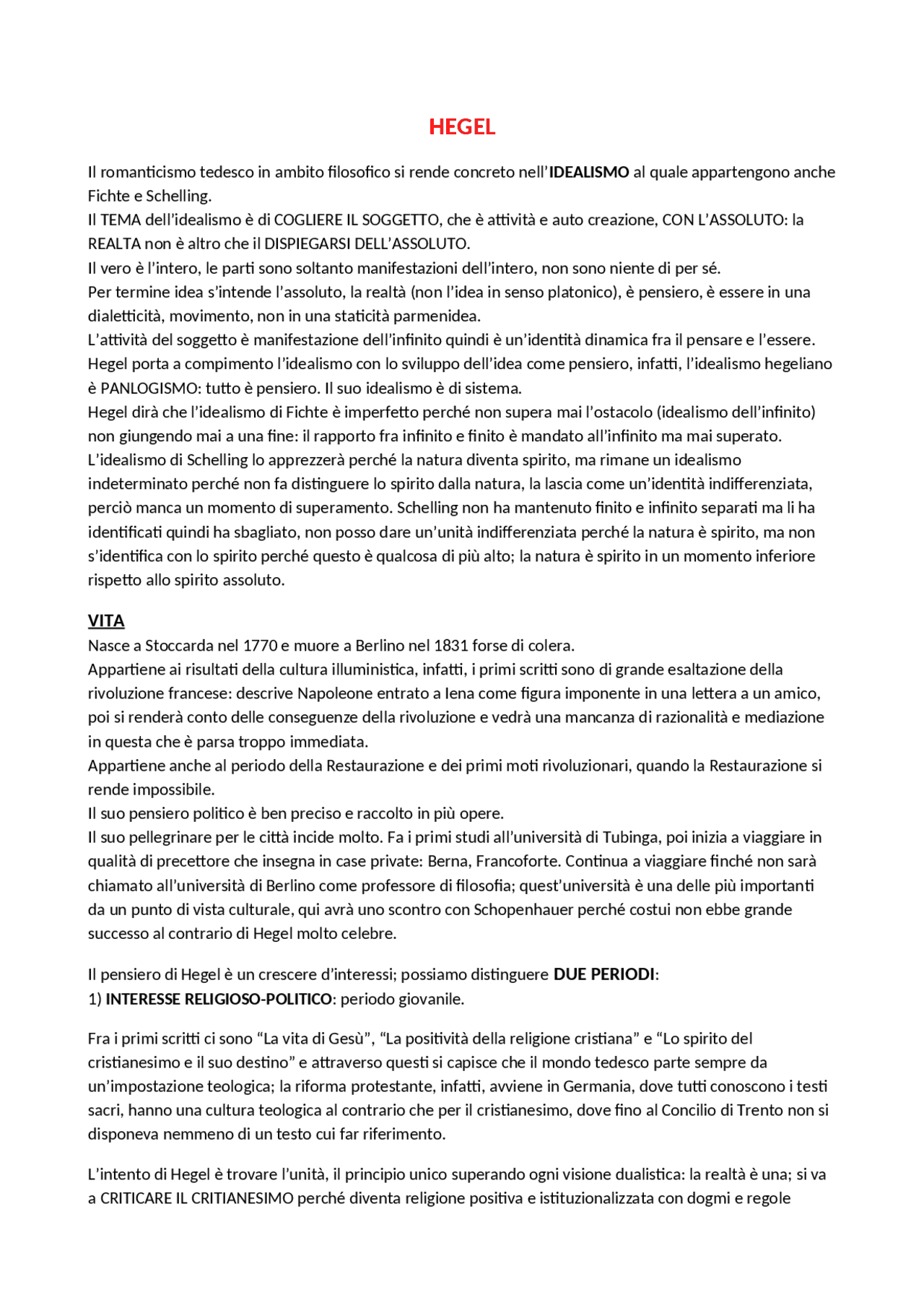 Vita, opere e pensiero di HEGEL | Study notes of Philosophy | Docsity
