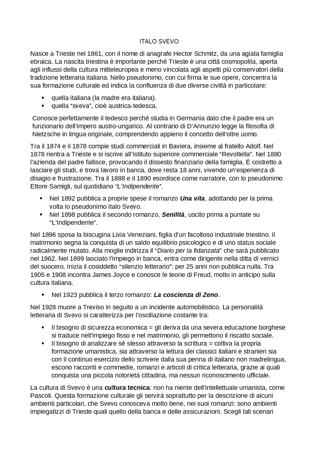 Italo Svevo (vita, pensiero e opere) - Docsity