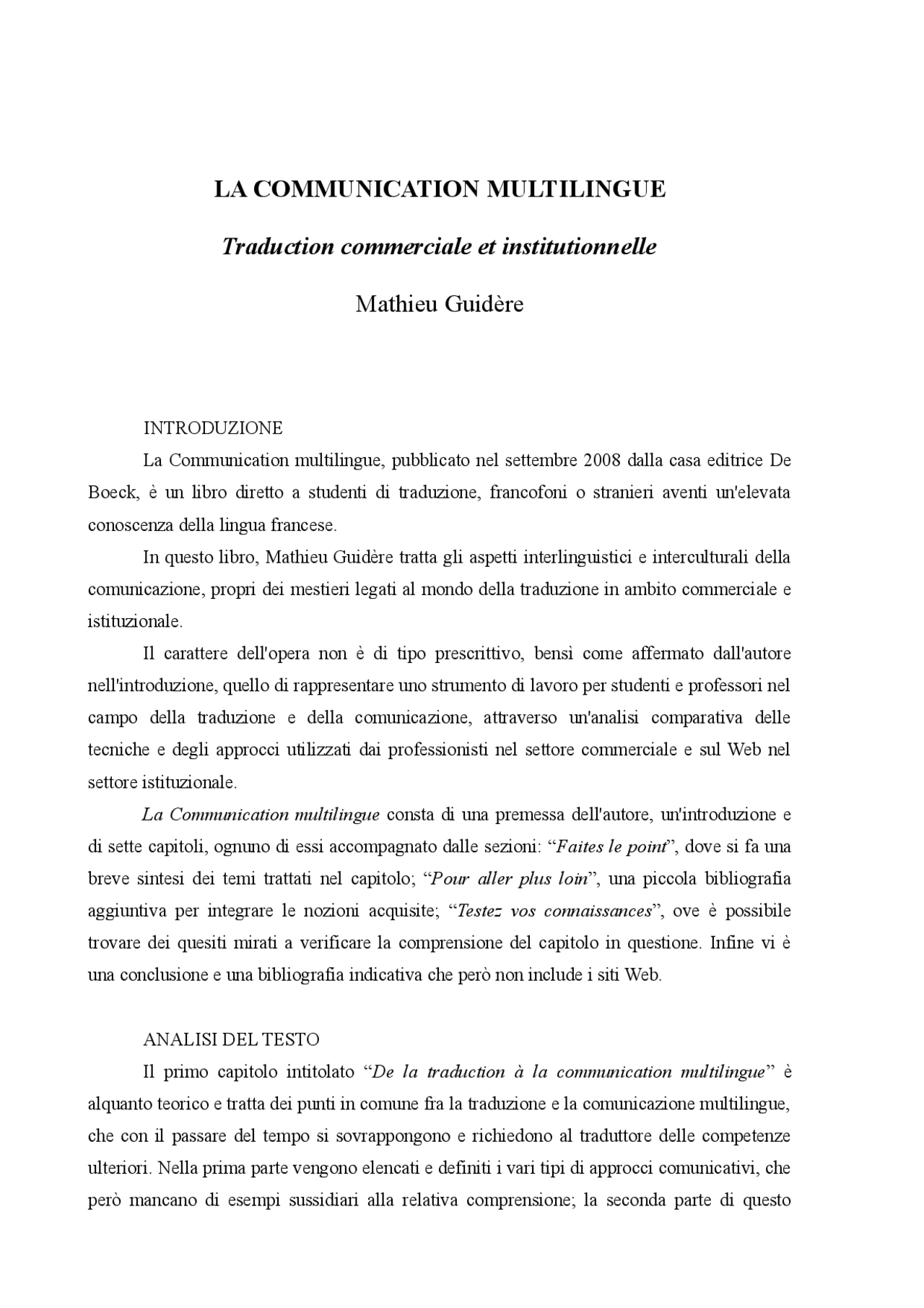 Riassunto La Communication Multilingue Docsity