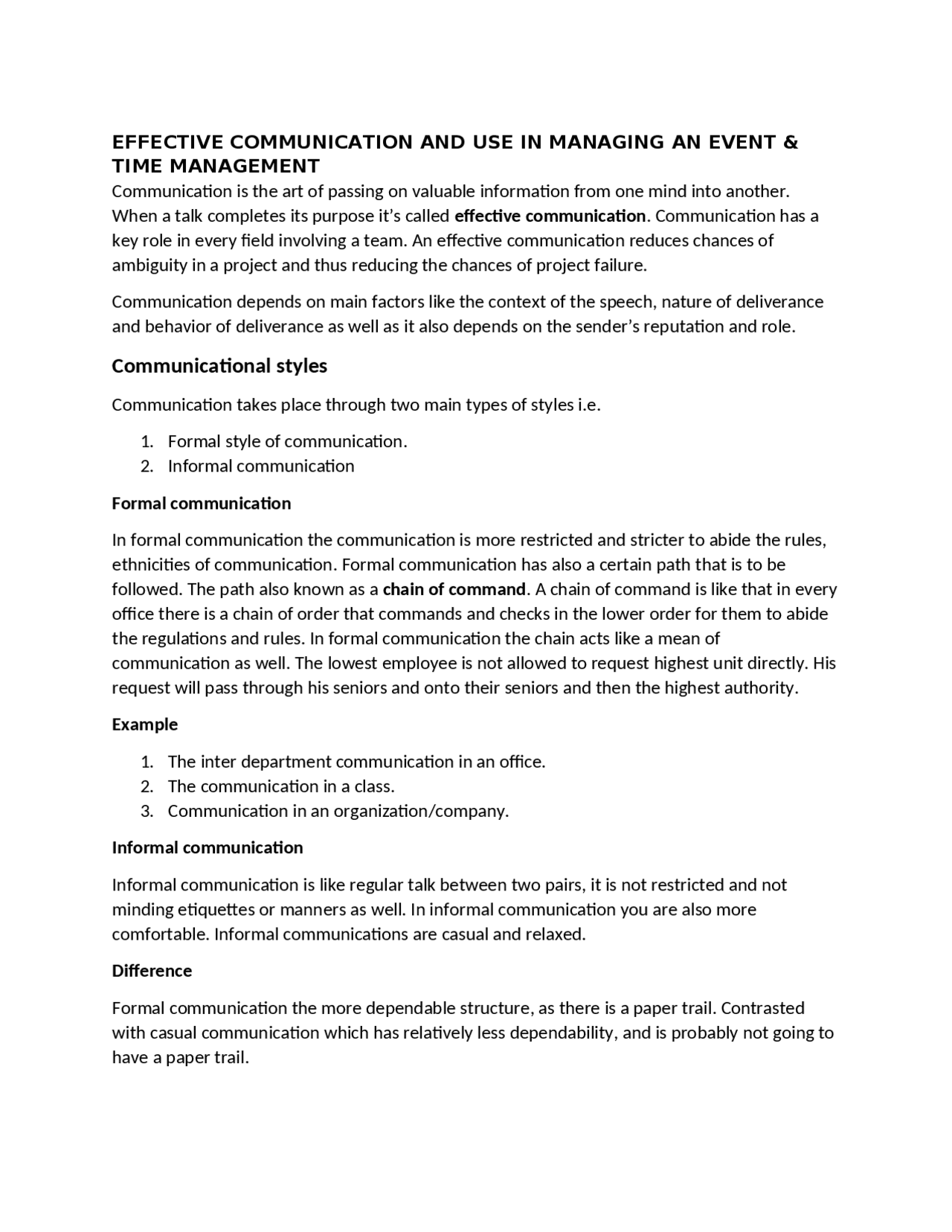 Communicational Formats Styles And Use In Event Time Management Docsity