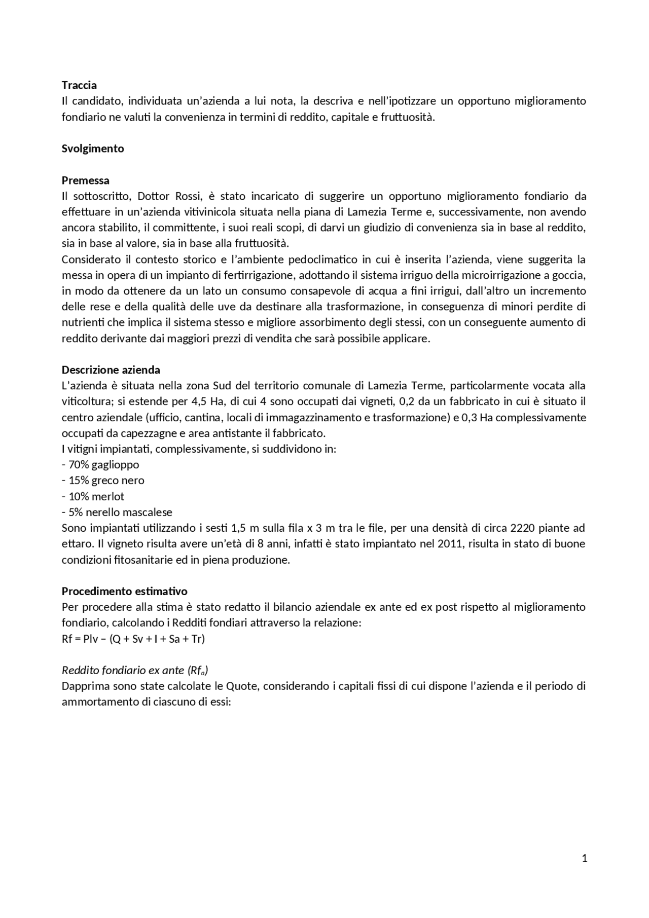 Esercitazione Di Estimo Per Esame Di Abilitazione Alla Professione Di