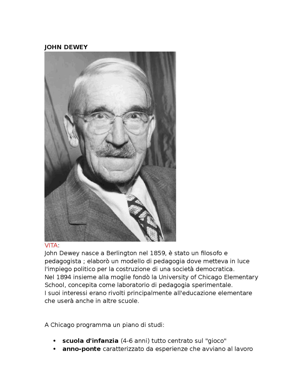 John Dewey Riassunto Schematico Tesine Di Maturità Di Pedagogia Docsity
