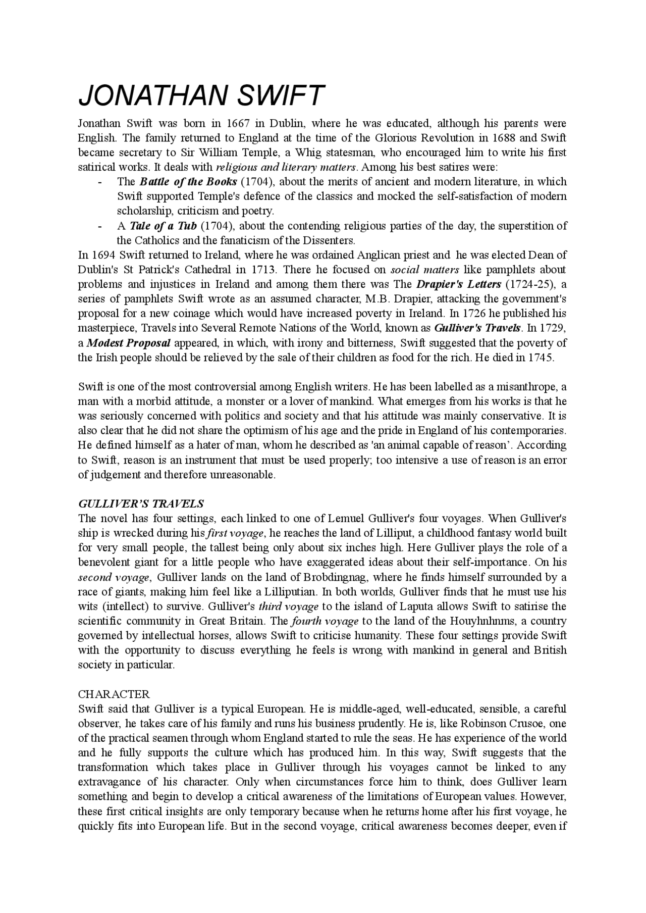 Jonathan Swift Gullivers Travels Docsity
