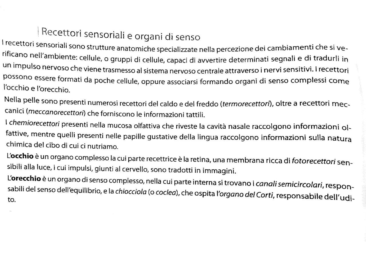 Recettori sensoriali e organi di senso sintesi biologia - Docsity