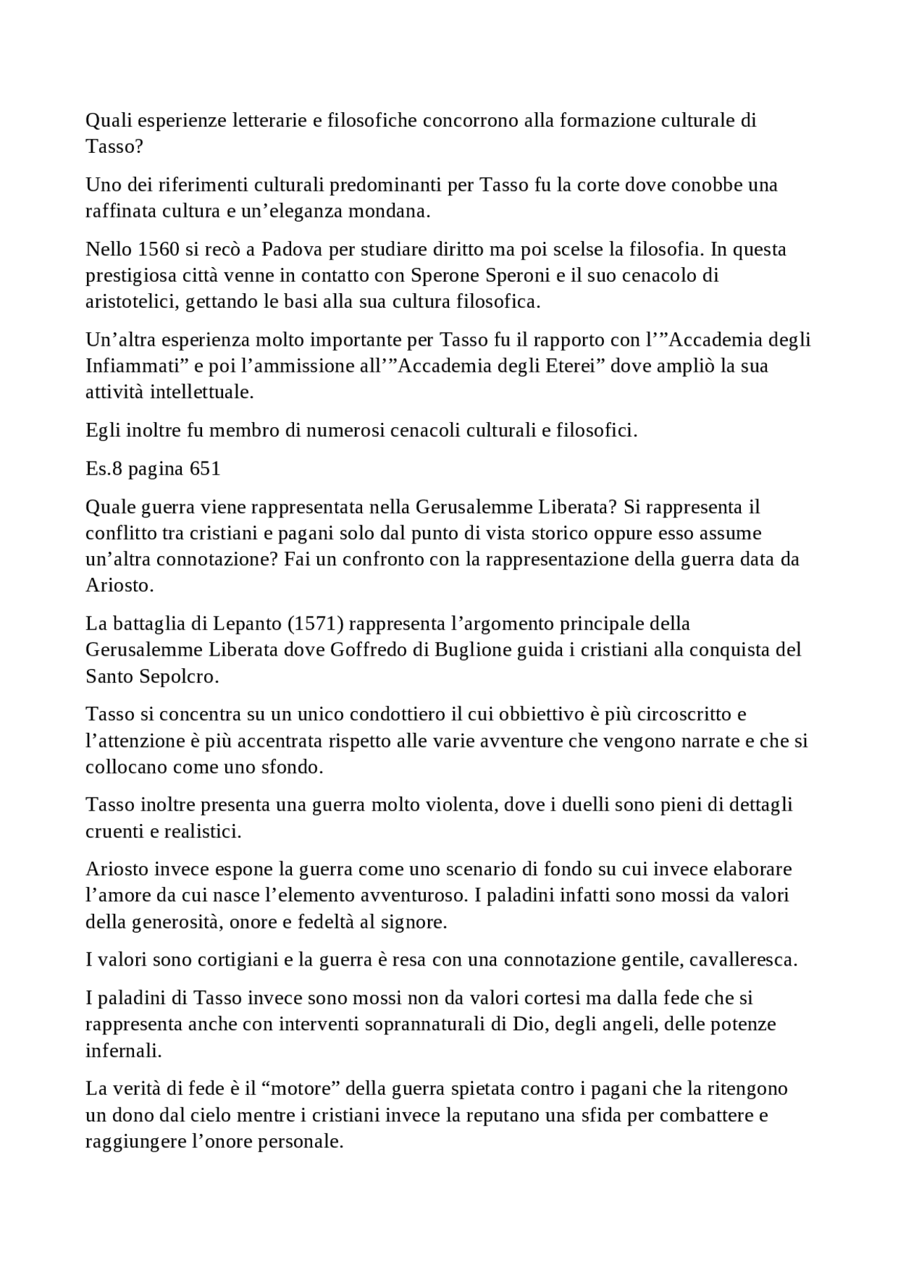 Confronto Tra Tasso E Ariosto Docsity