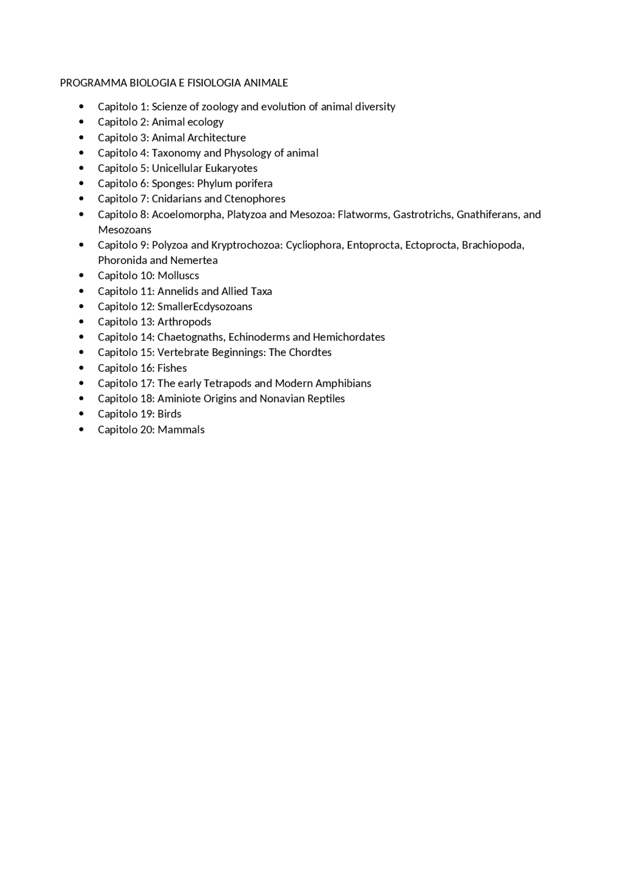 Programma biologia e fisiologia animale - Docsity
