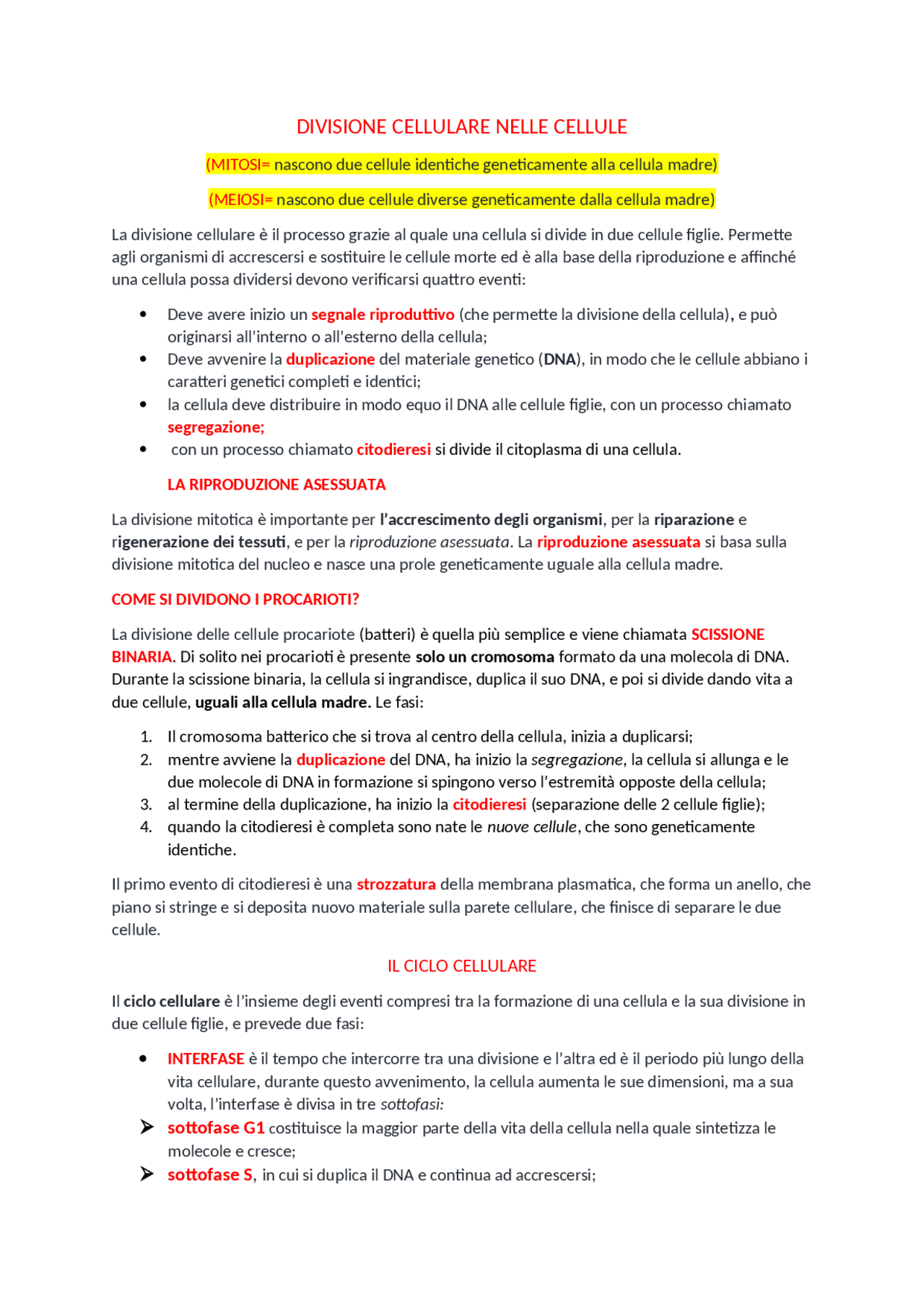 Divisione Cellulare Mitosi E Meiosi Docsity