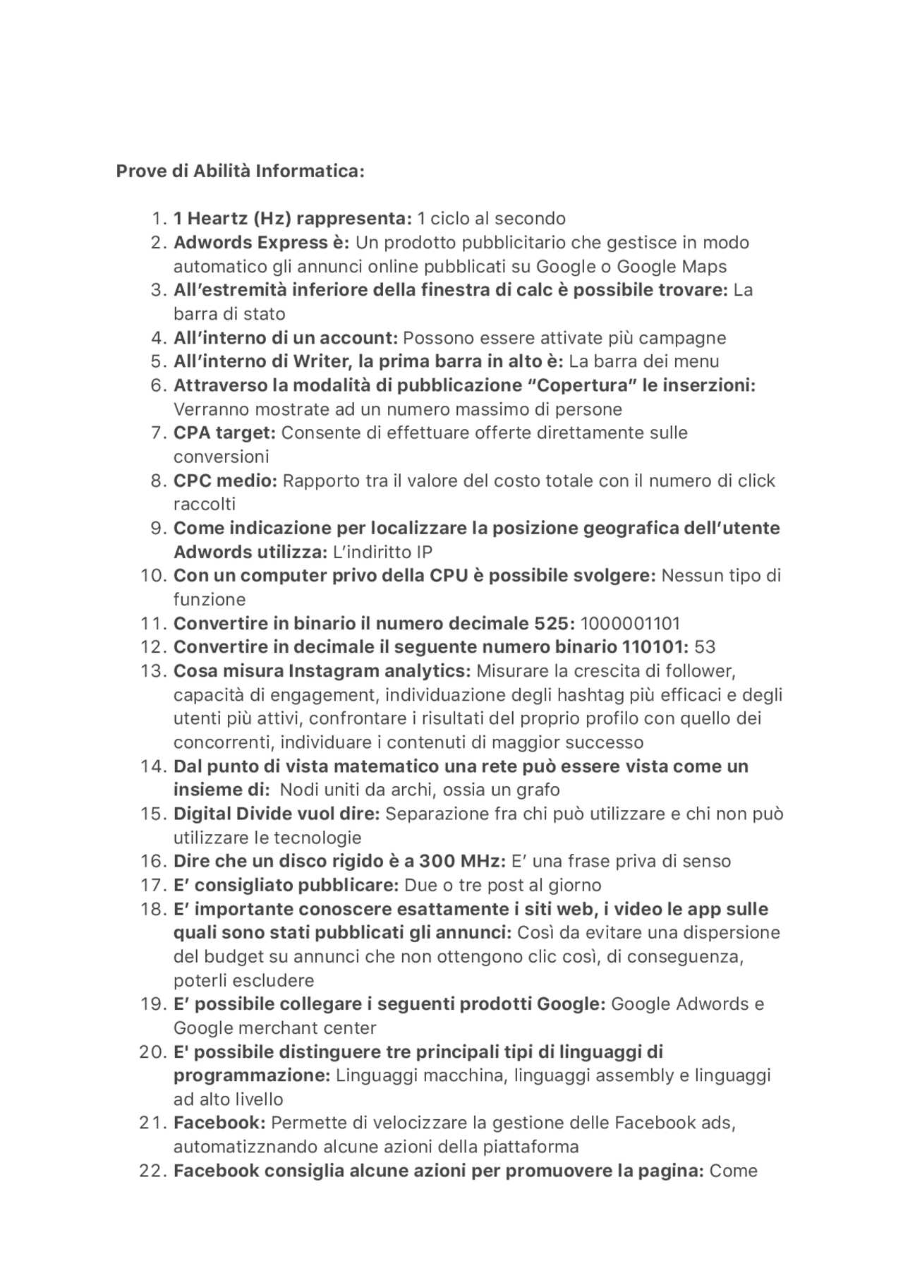 Prove Di Abilità Informatica L15 Unipegaso Docsity