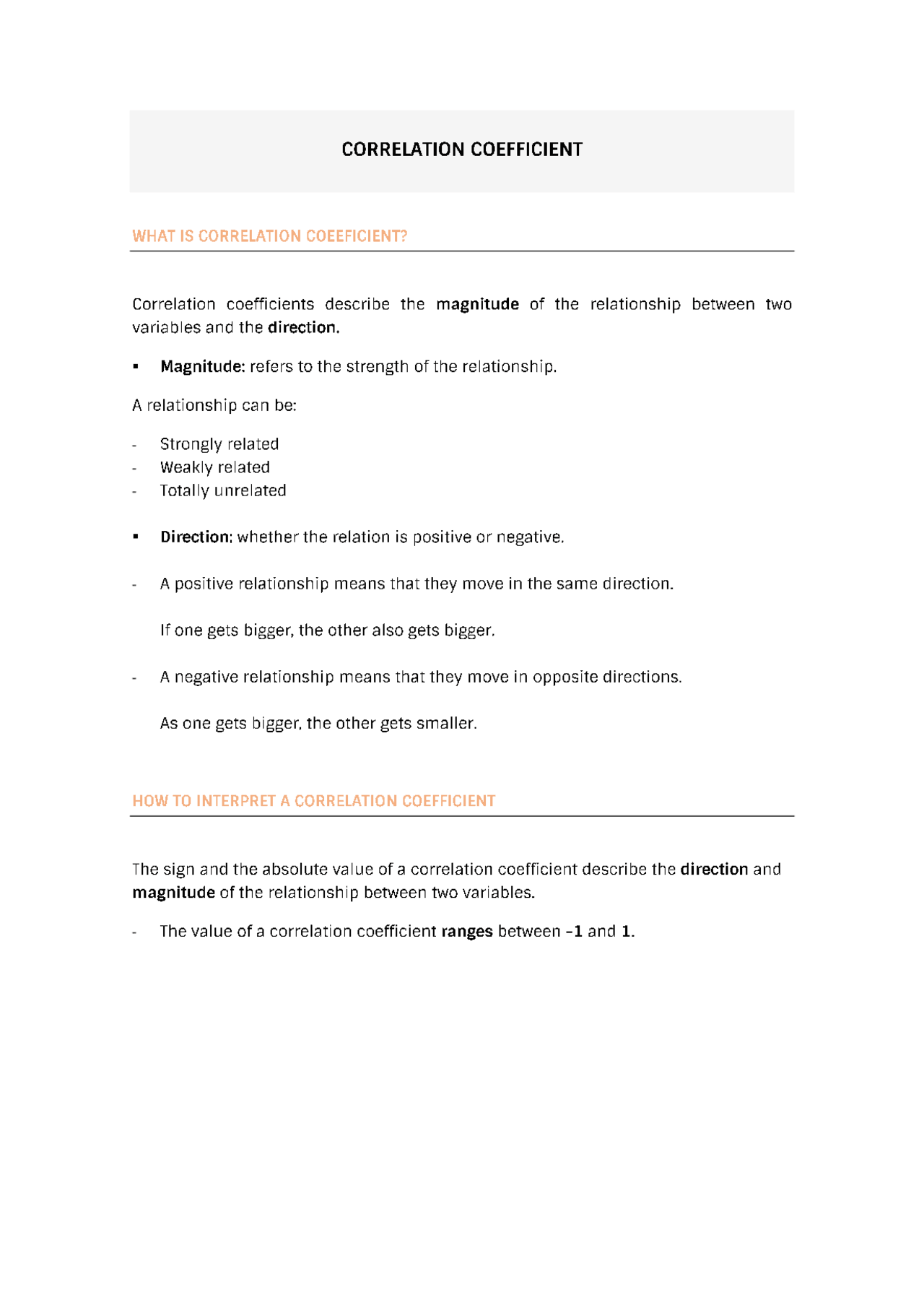 Correlation coefficient - Docsity
