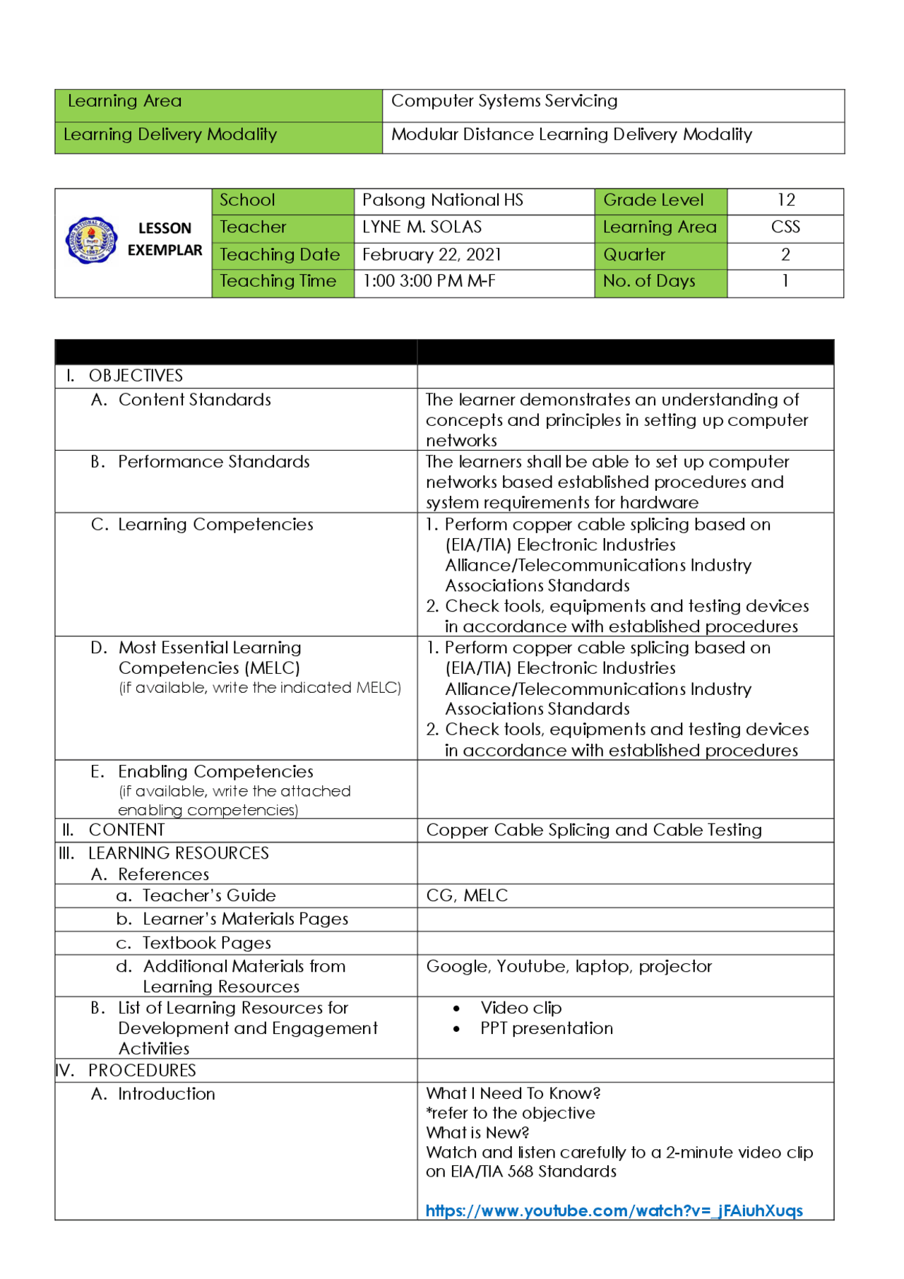 Lesson Exemplar In Computer Systems Servicing Lecture Notes Computer