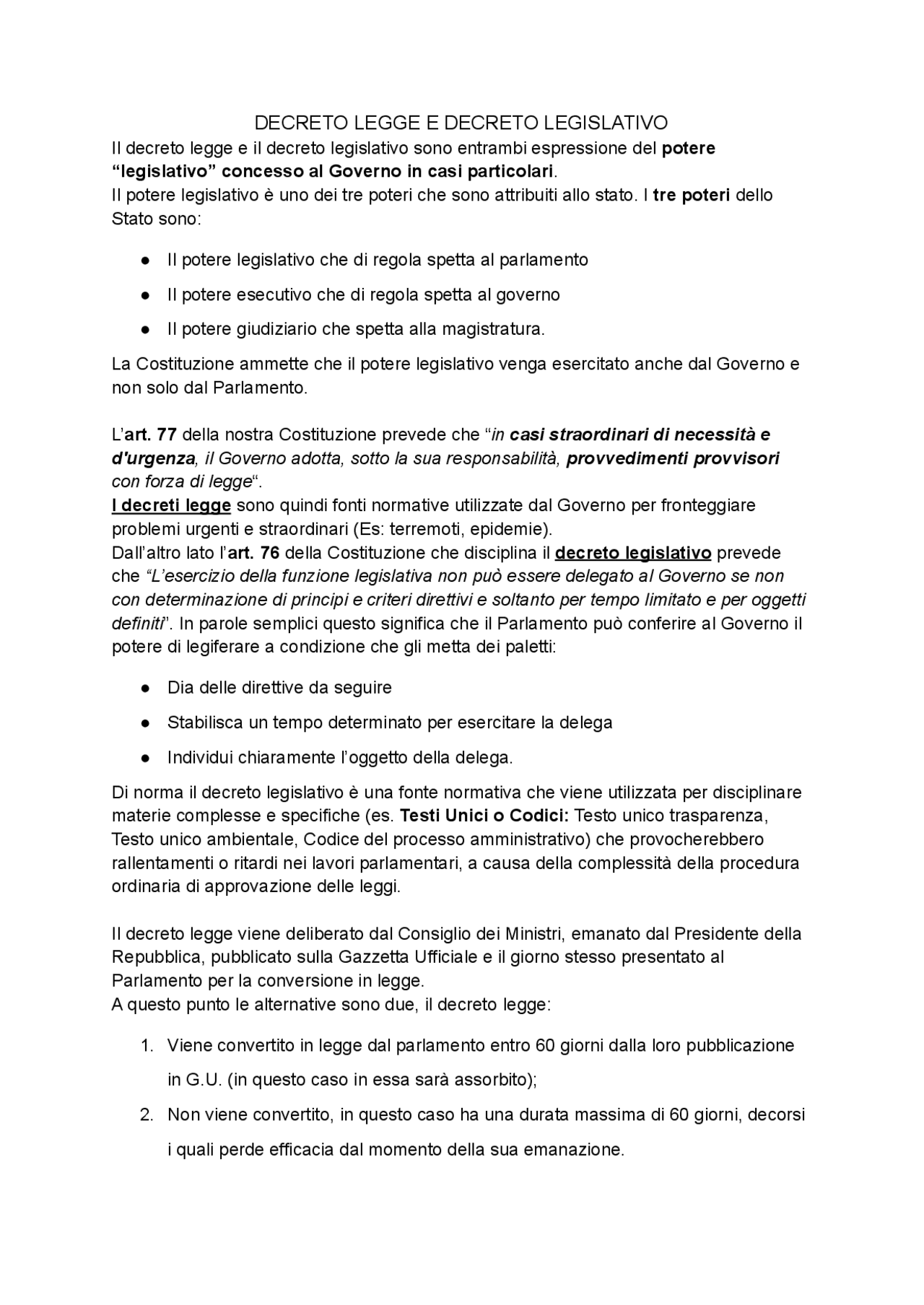 Decreto legge e decreto legislativo - Docsity