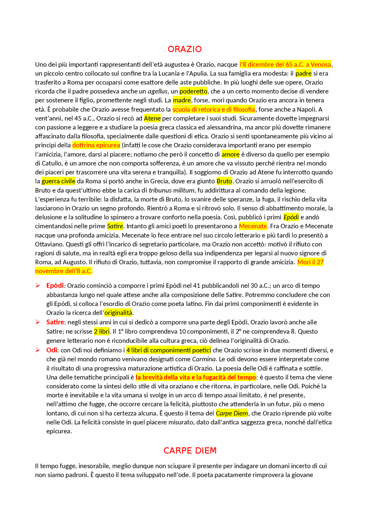 Orazio La Vita E Le Opere Docsity