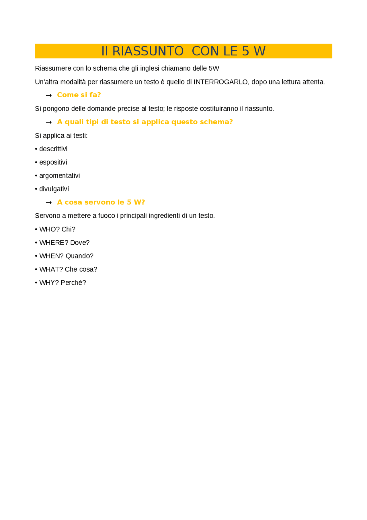Il riassunto con le 5W - Docsity