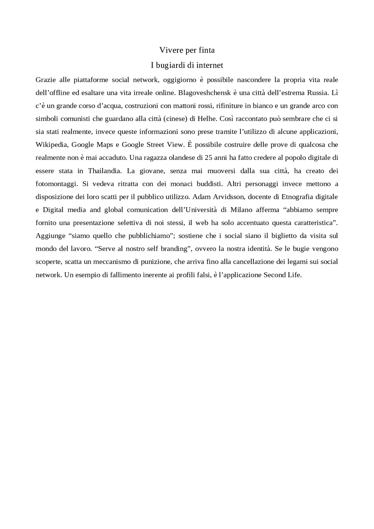 Riassunto Vivere Per Finta Docsity