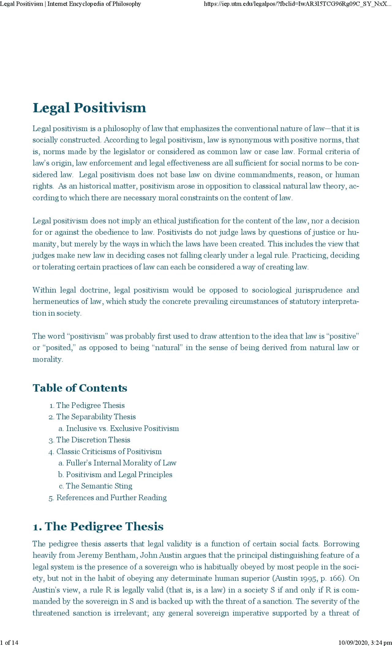 Law about positivism and natural theories - Docsity