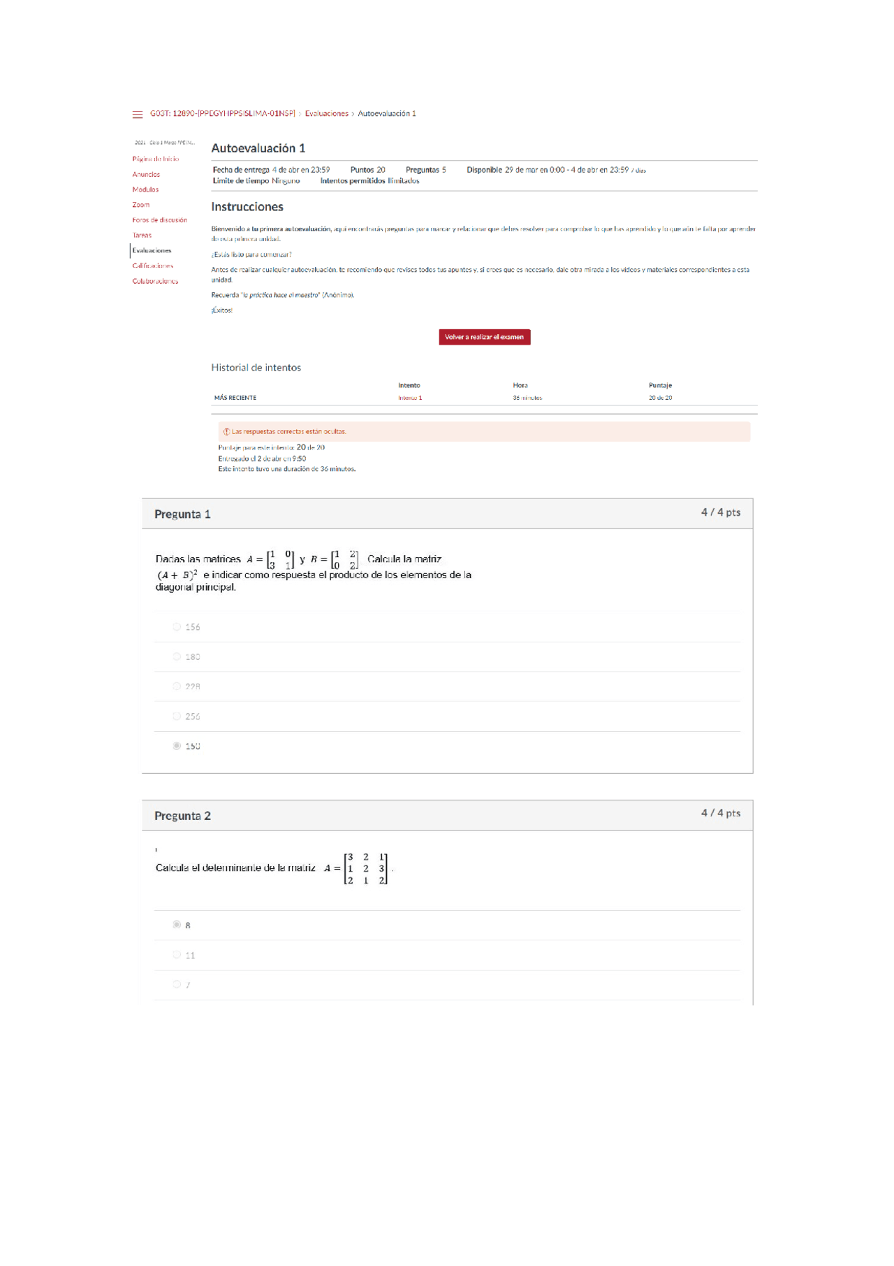 Autoevaluacion 1 Matrices Exámenes De Matemáticas Docsity