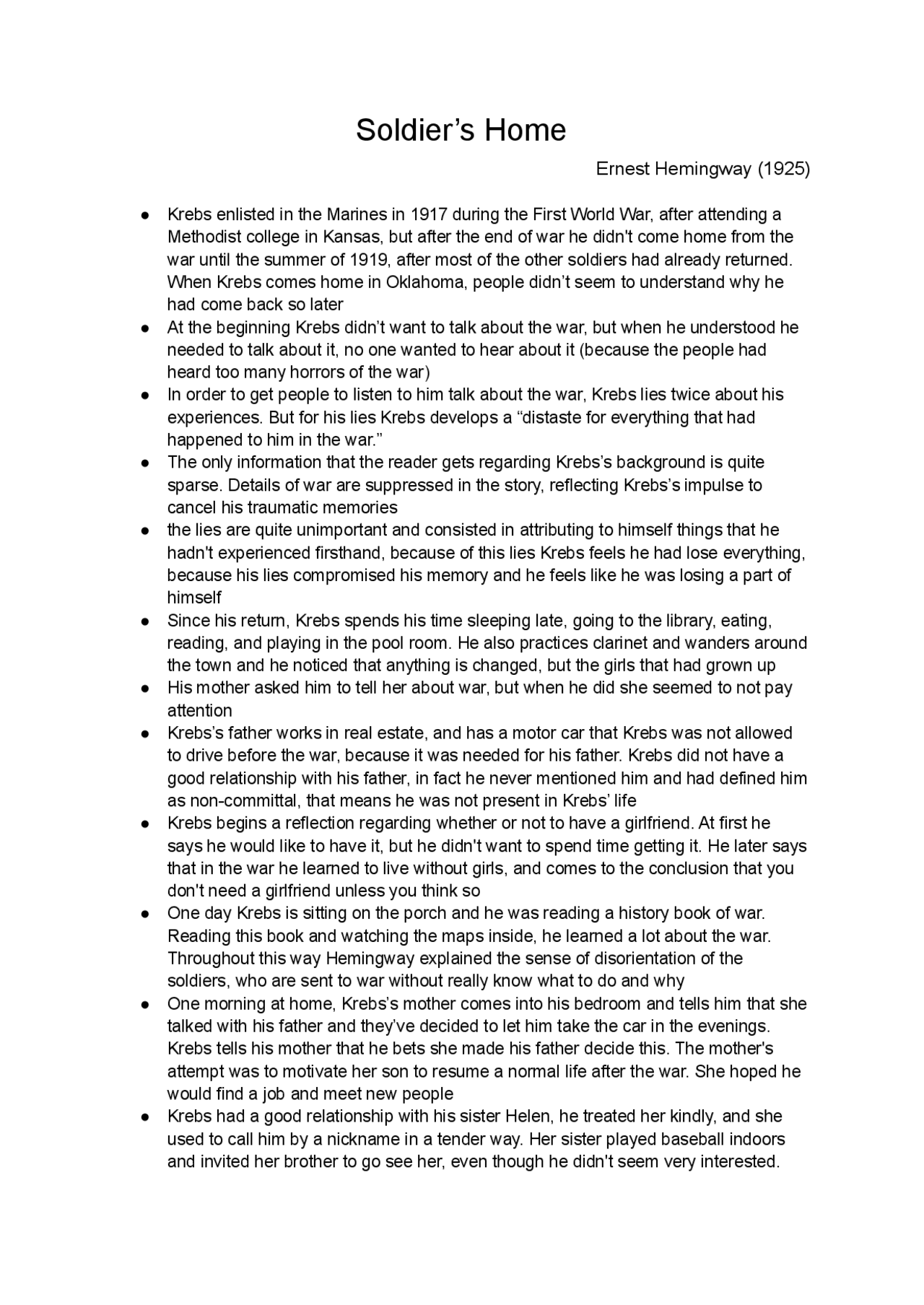 Soldier's Home by Ernest Hemingway - Docsity