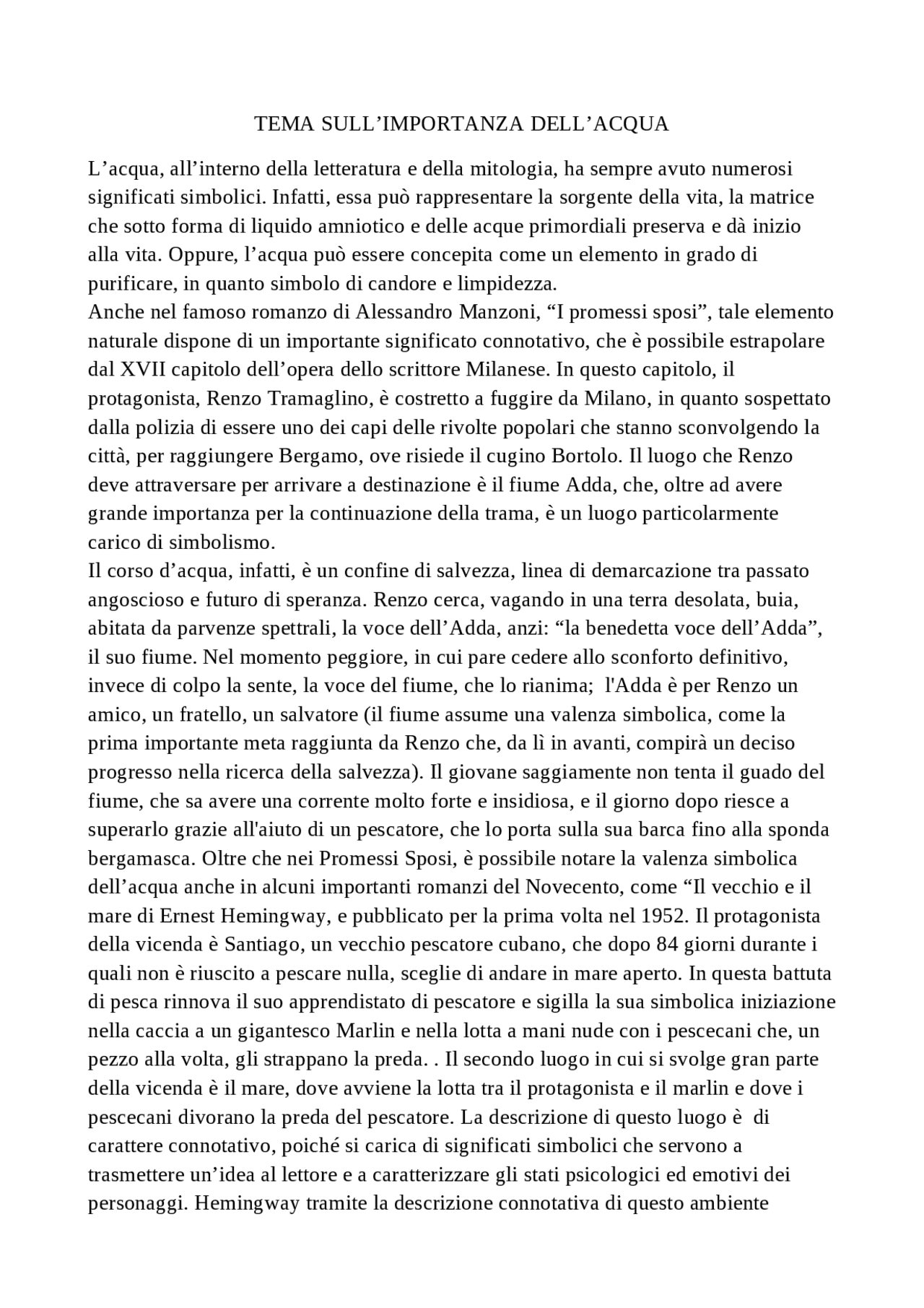 Tema sull'importanza dell'acqua - Docsity