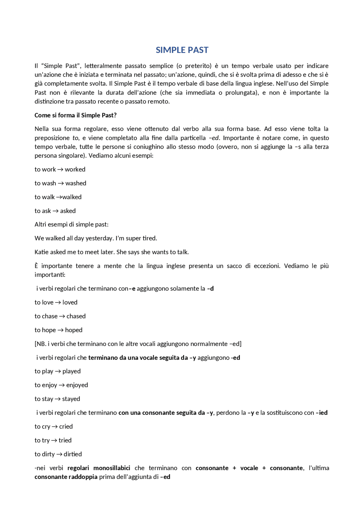 Il "past simple": documento di grammatica/ripasso - Docsity