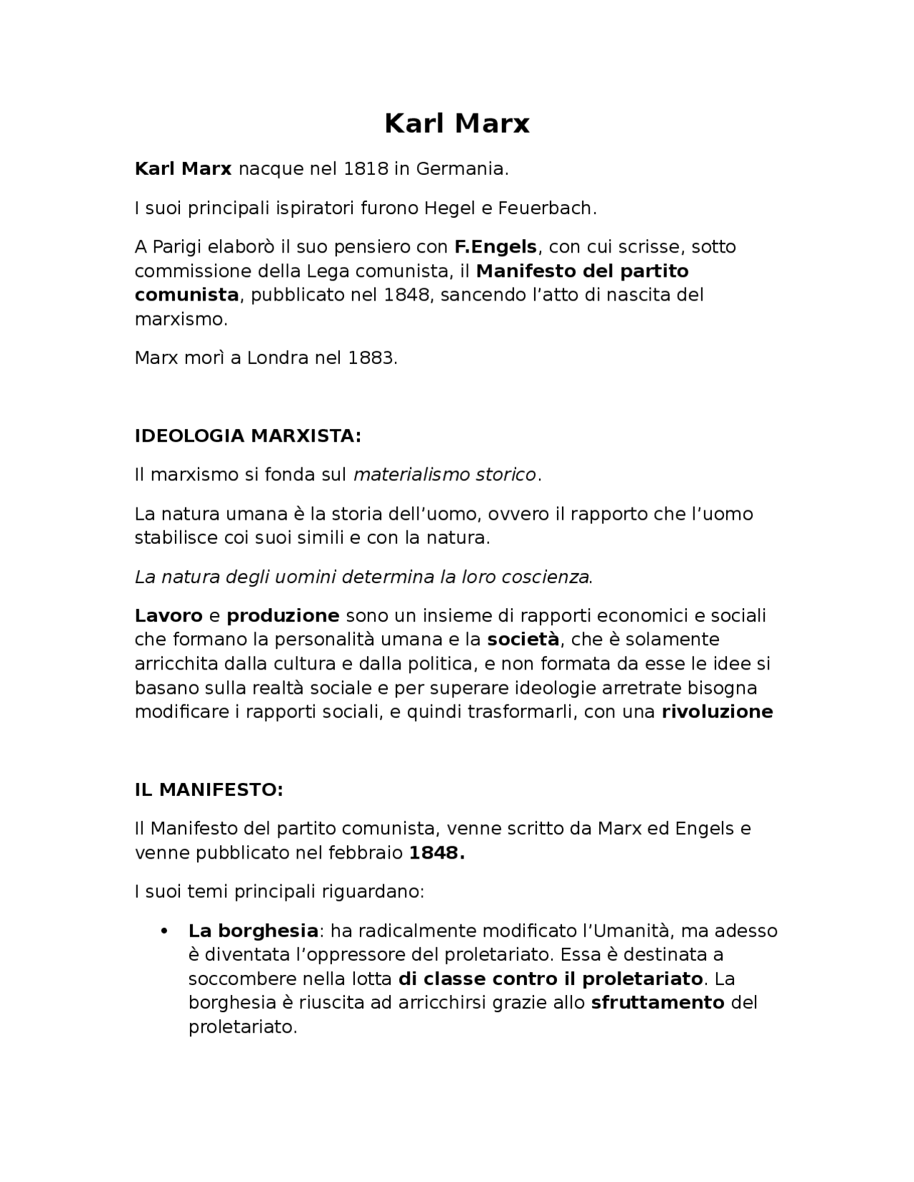 Karl Marx Riassunto Brevissimo Docsity