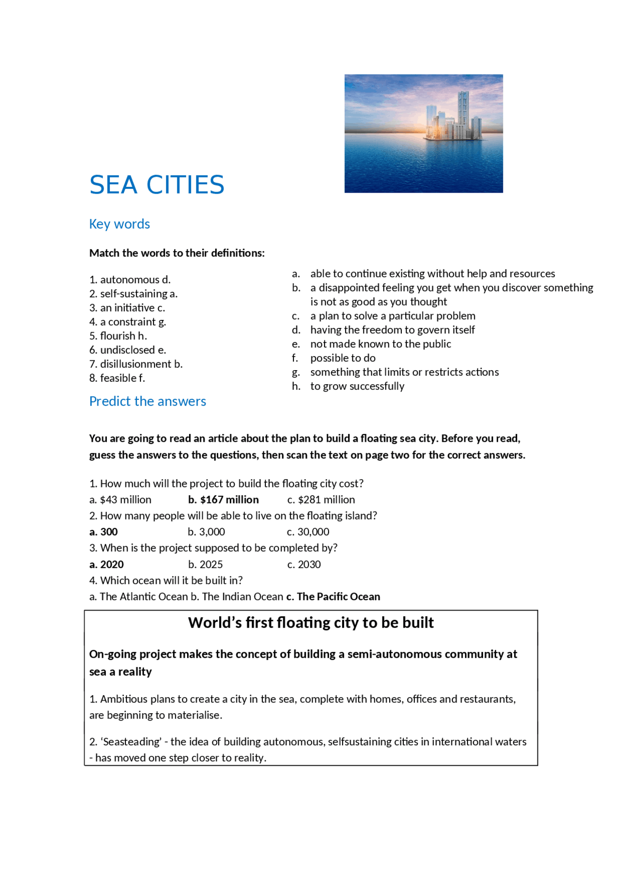 Sea cities worksheet - Docsity