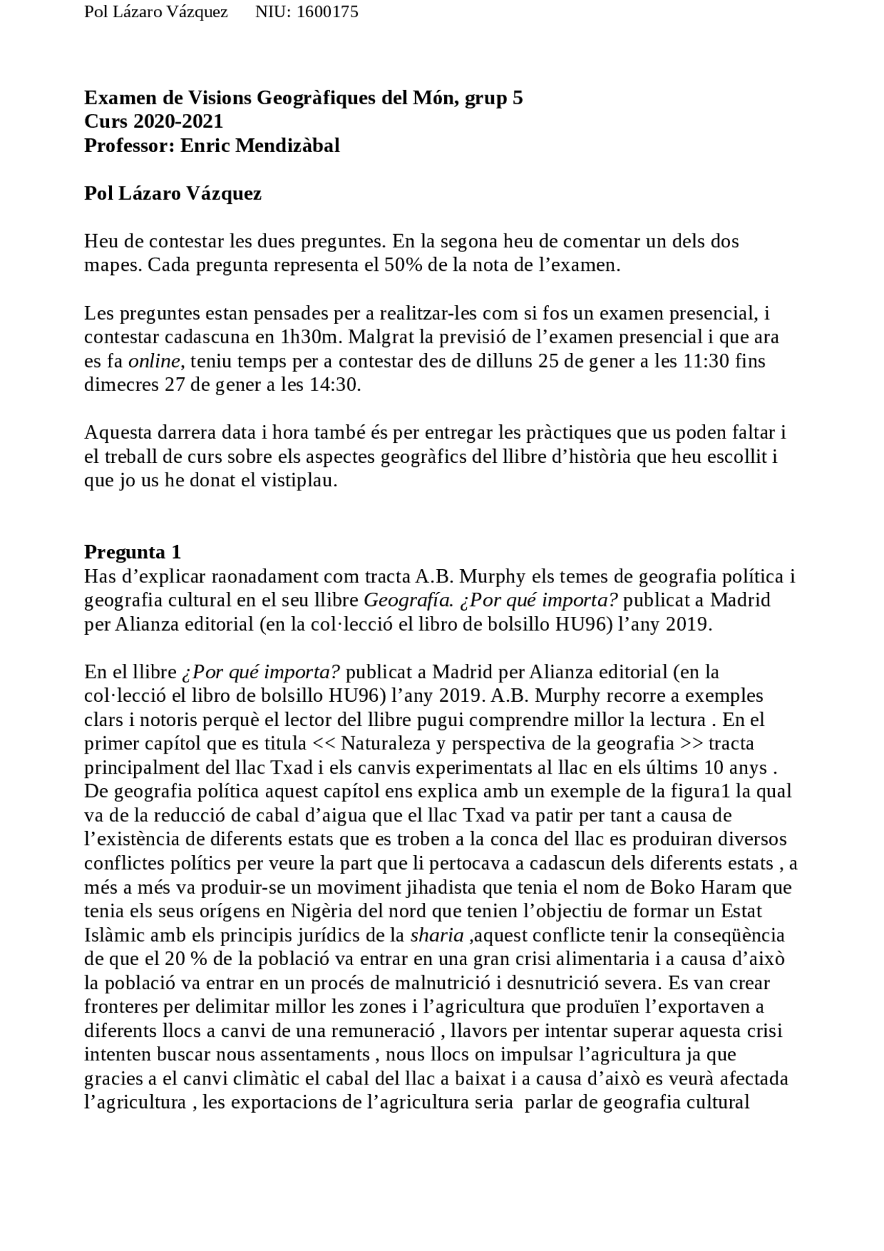 Examen De Visions Geogràfiques Del Món Docsity