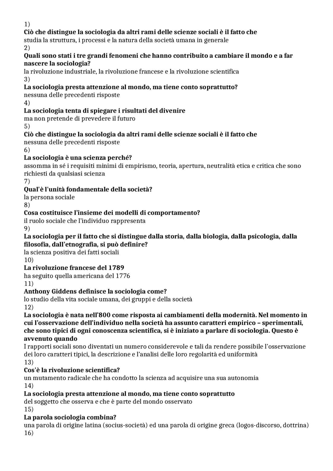 Sociologia Generale Test Unicusano Docsity