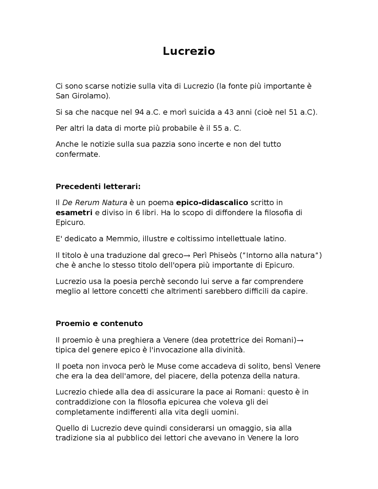 Lucrezio riassunto breve - Docsity