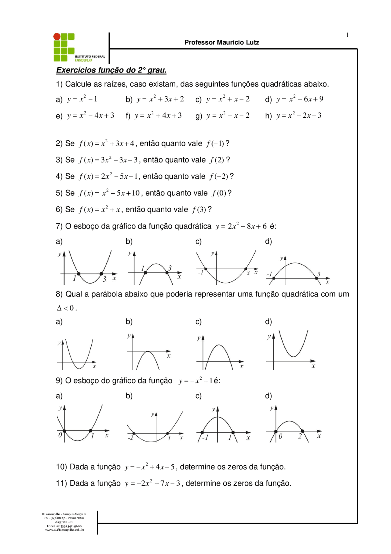 Exercícios De Função Matemática Docsity