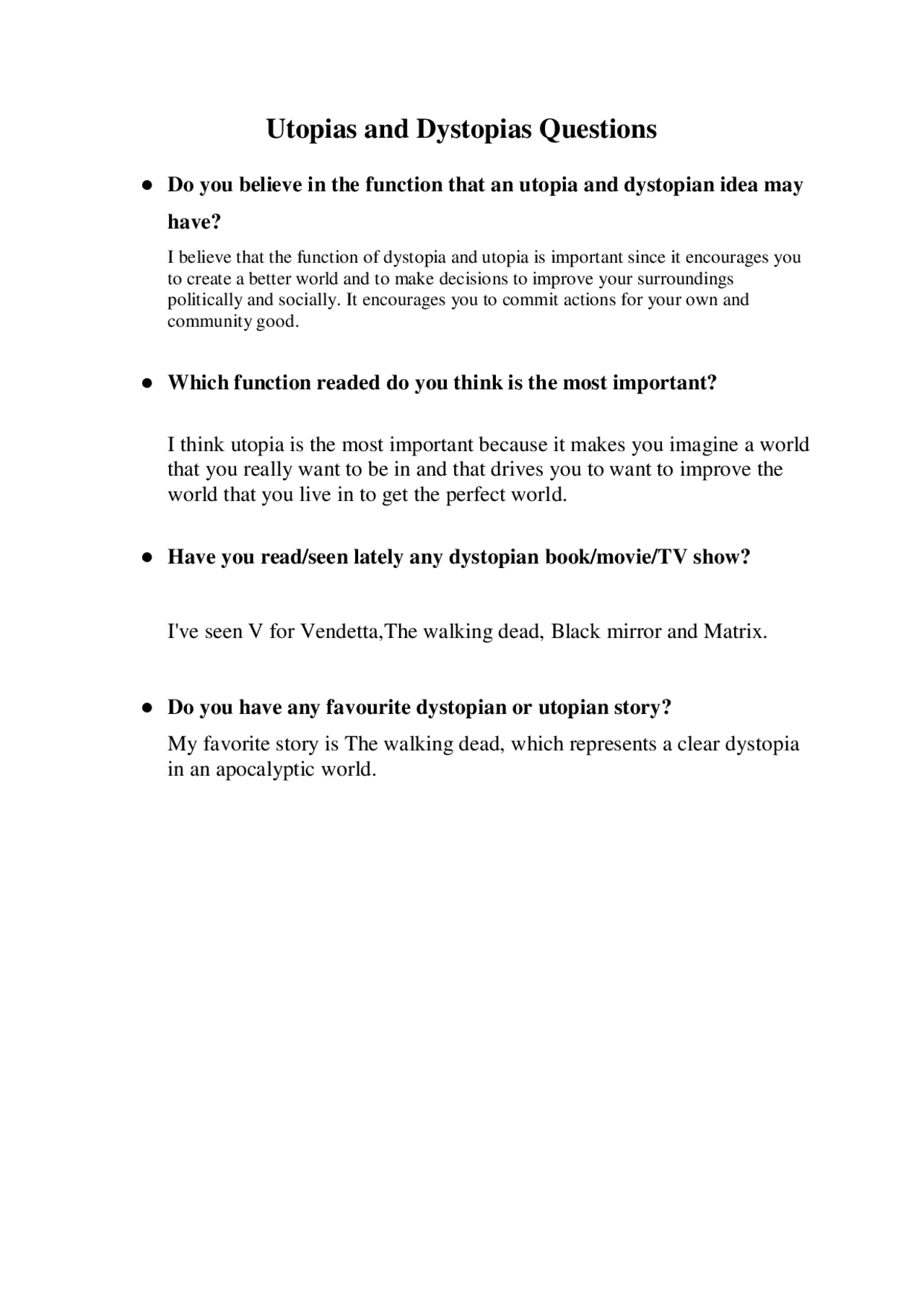 Utopia + Dystopia exercise | ANSWERS - Docsity