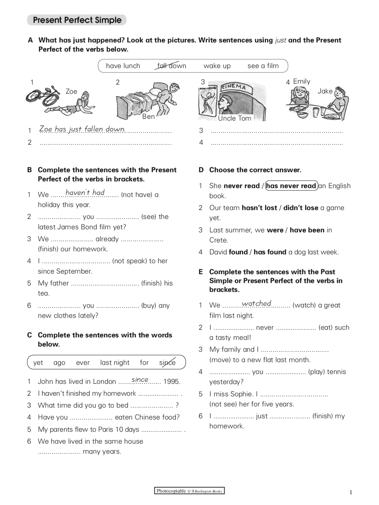 present perfect grammar | Ejercicios de Inglés | Docsity