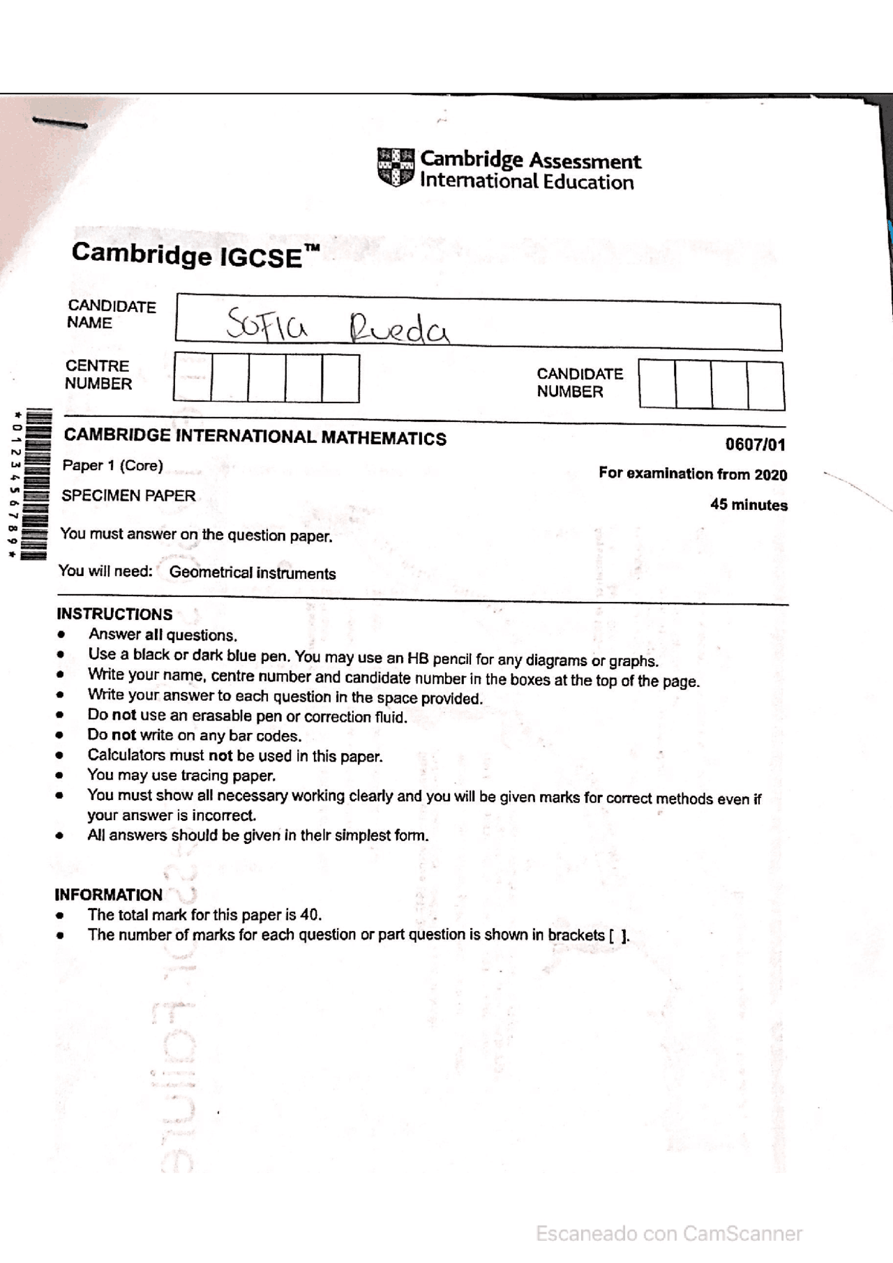 Cambridge international mathematics paper 1 ( core) 0607/01 from 2020 ...
