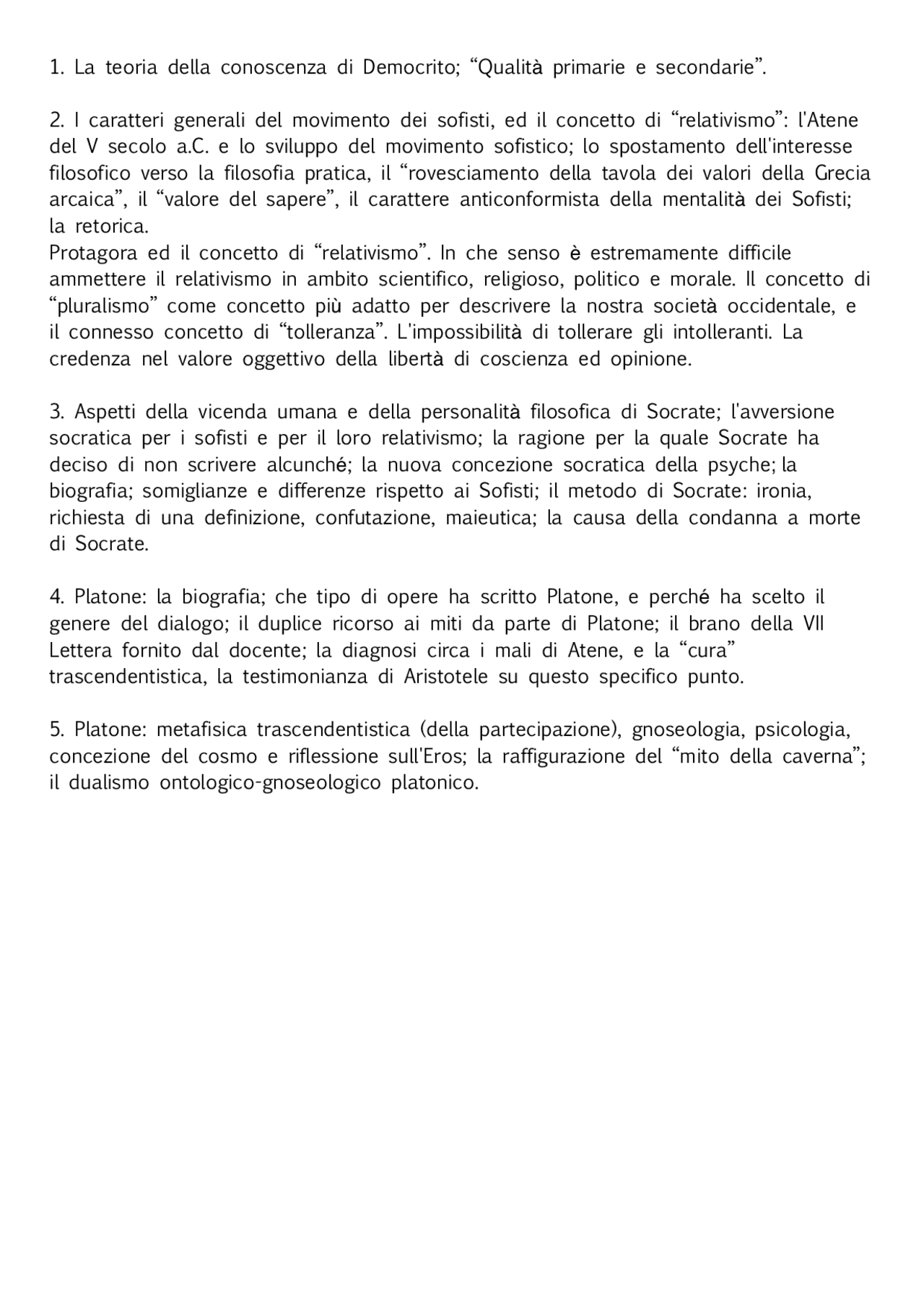 FILOSOFIA la teoria di Democrito, i Sofisti, Protagora, Socrate, Platone - Docsity