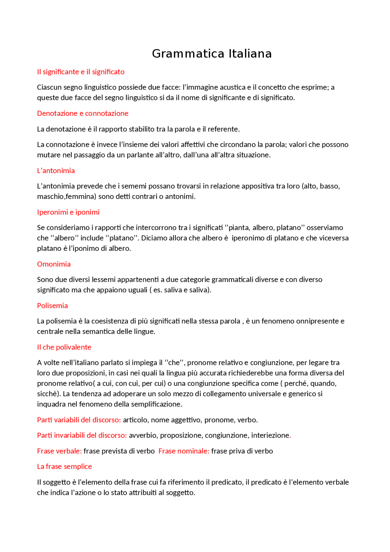 Grammatica Italiana Sintesi Docsity