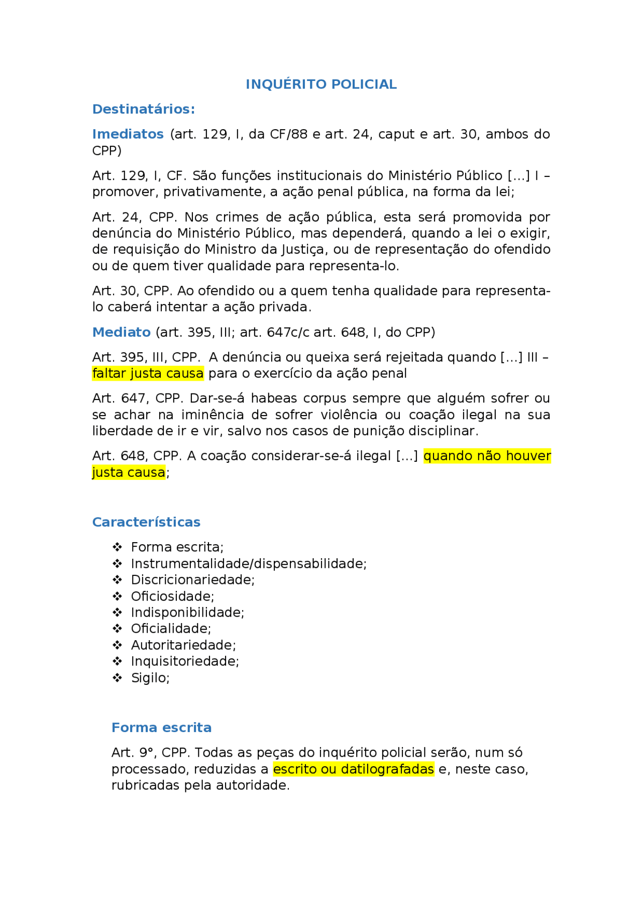 INQUÉRITO POLICIAL - resumo | Lecture notes Criminal procedure | Docsity