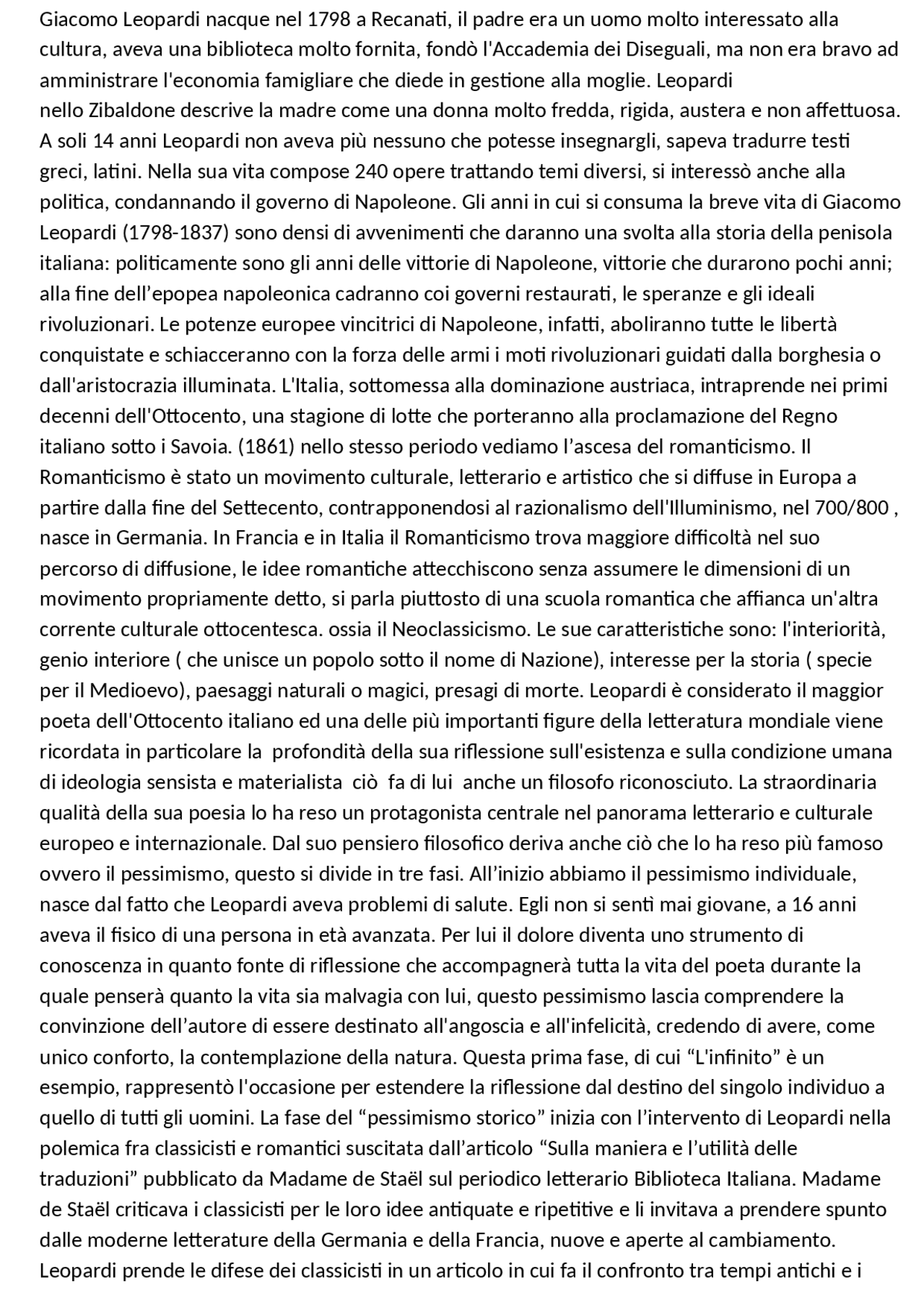 Giacomo Leopardi analisi pensiero e pessimismo - Docsity