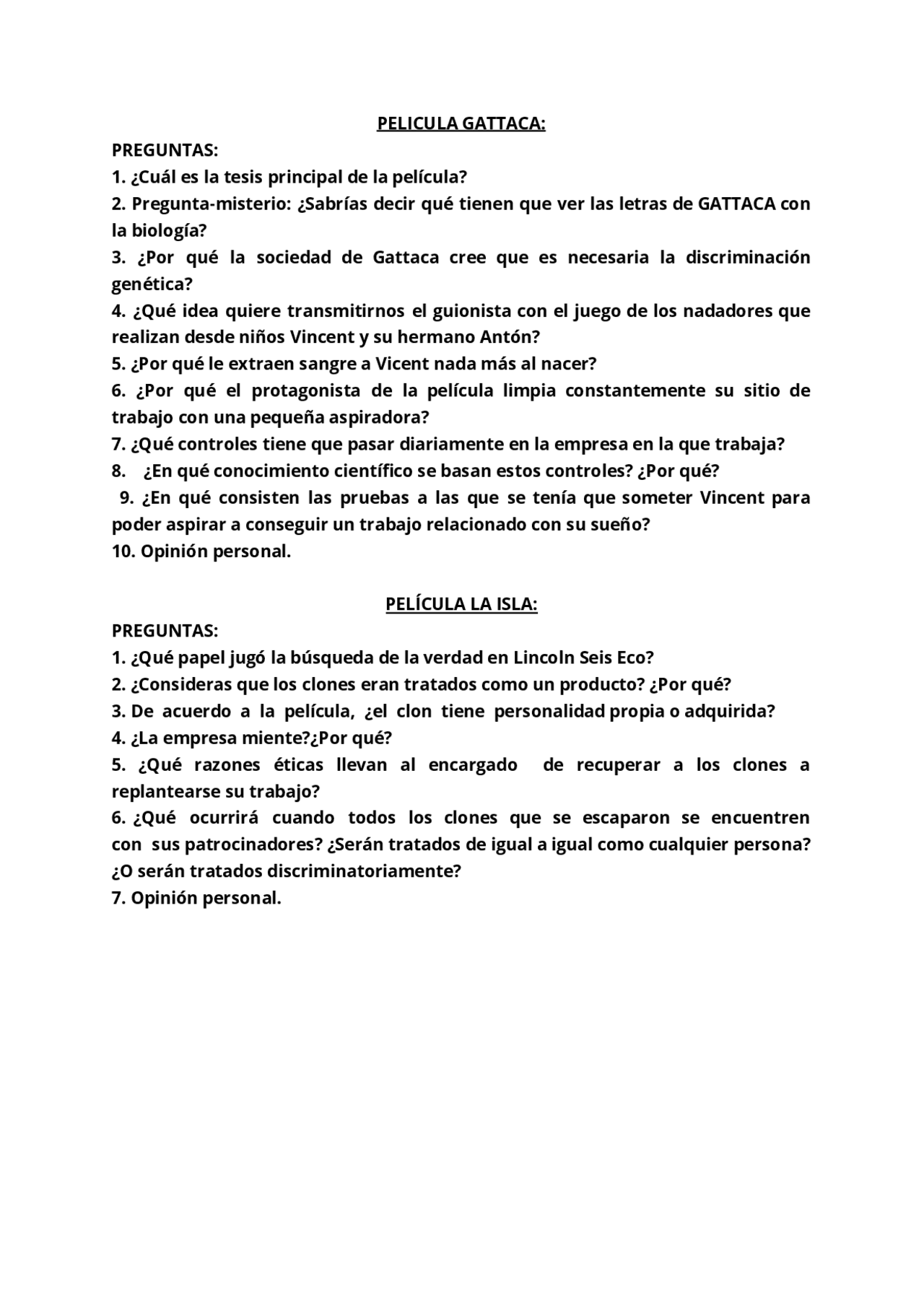 Preguntas Gattaca y la Isla películas | Ejercicios de Biología | Docsity