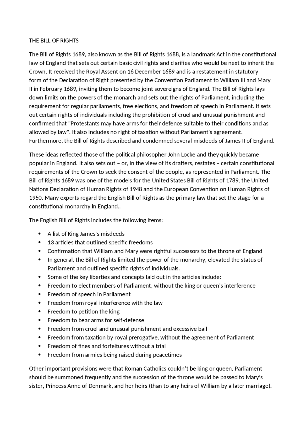 THE BILL OF RIGHTS 1689 - Docsity