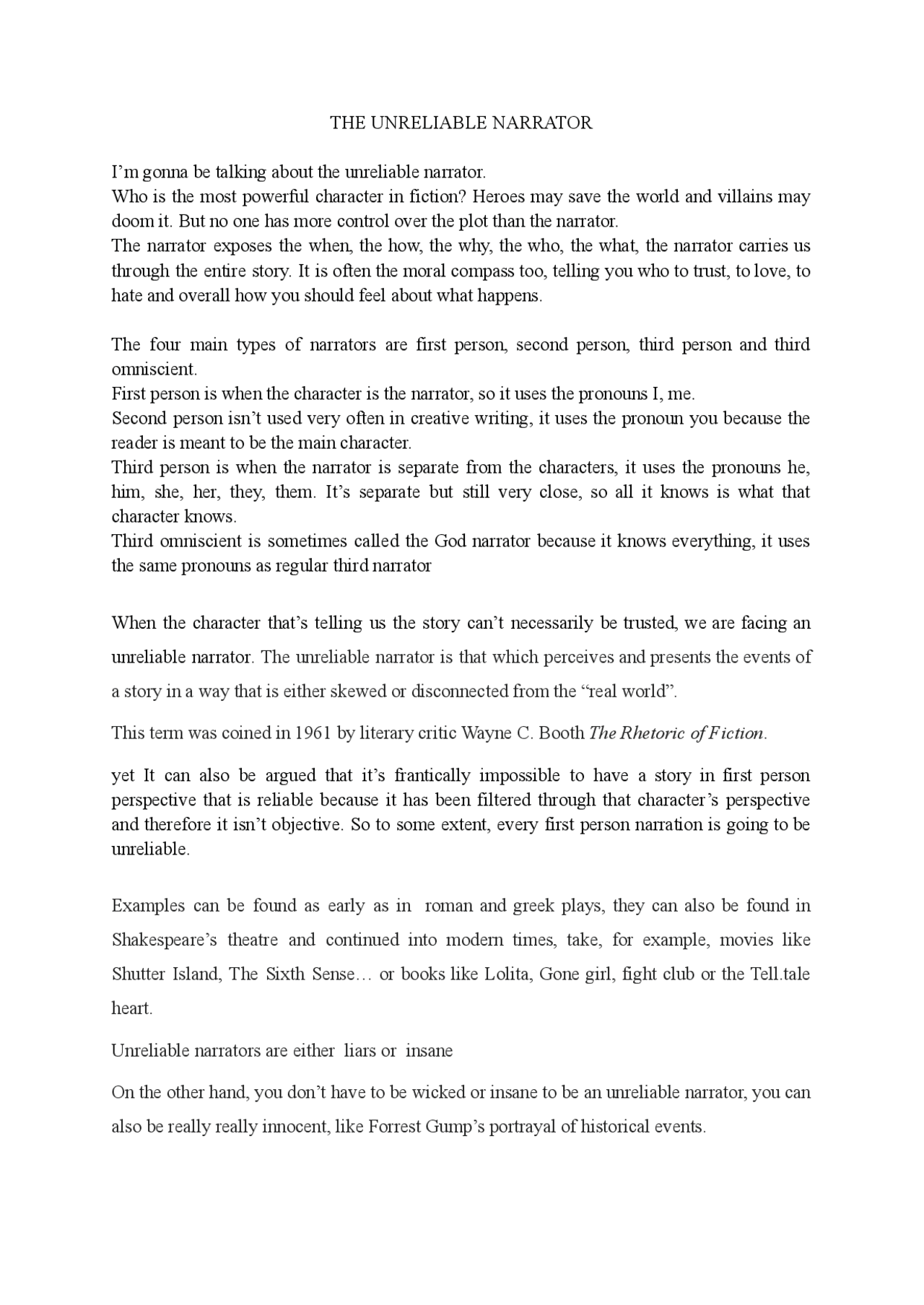 The unreliable narrator, writing de inglés, 2do de bachiller. - Docsity