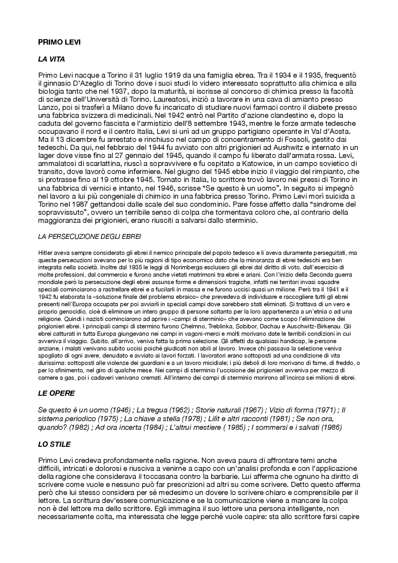 RIASSUNTO PRIMO LEVI-ESAME DI STATO - Docsity