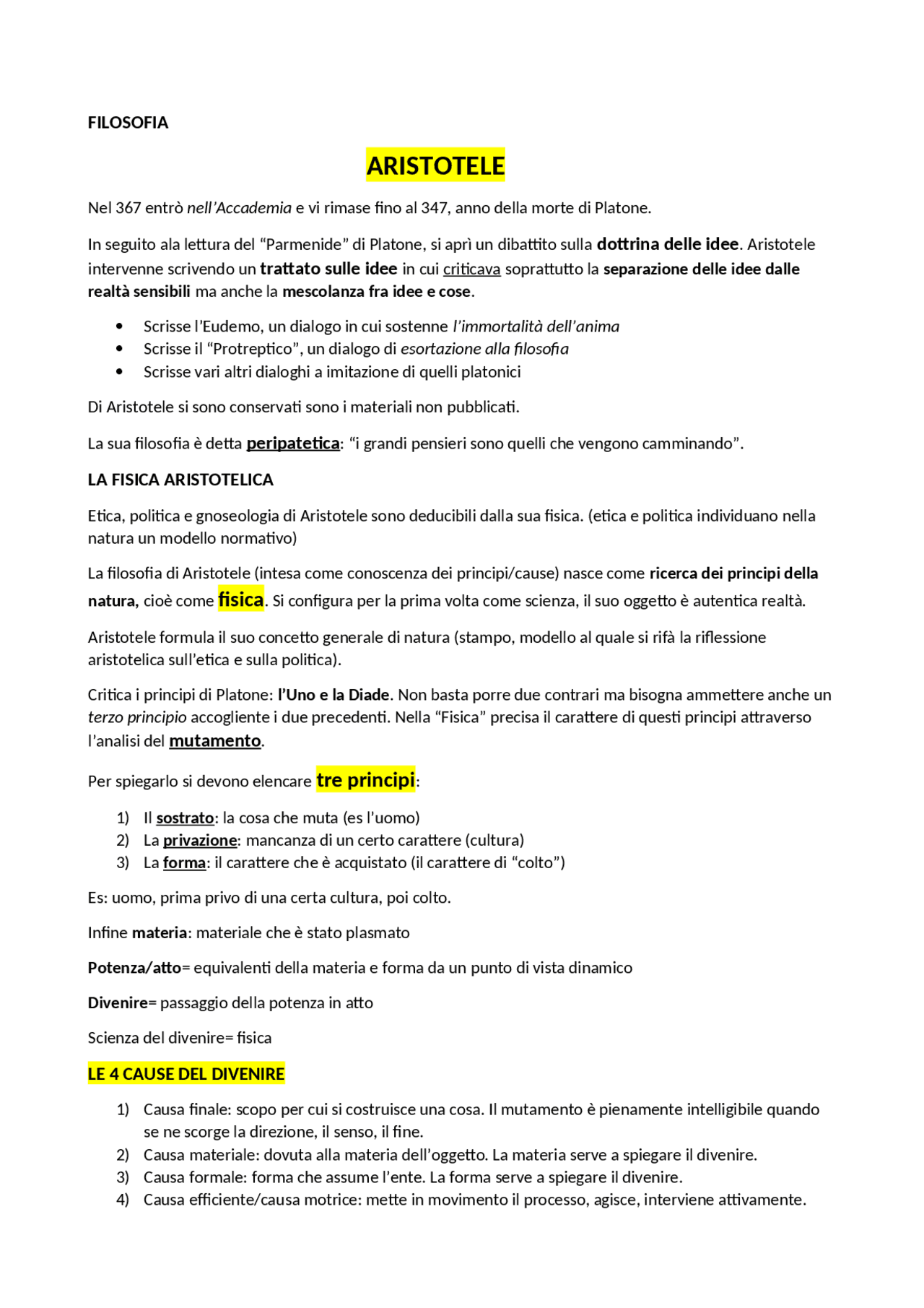 Appunti Su Aristotele Filosofia Docsity