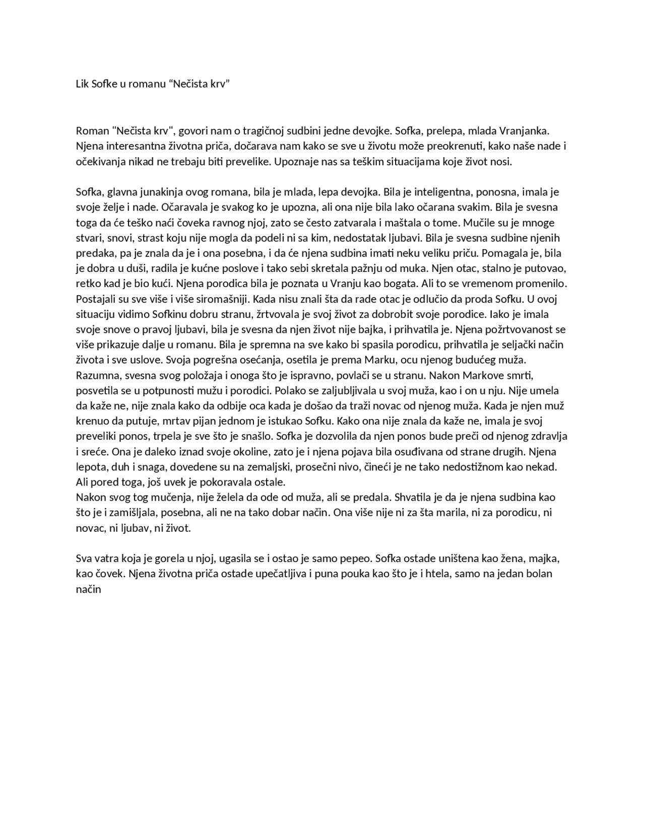 Lik Sofke u romanu "Nečista krv" | Lektire' predlog Srpski jezik - Docsity