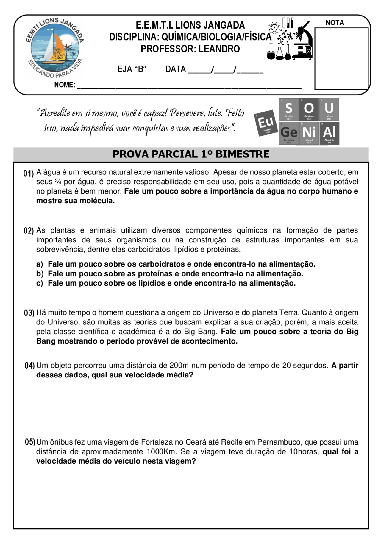 Prova Ciências Ensino Médio Docsity
