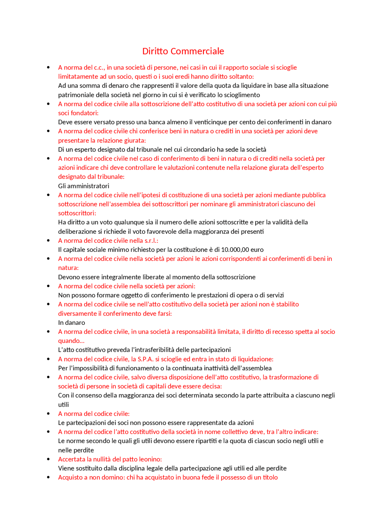 Domande Diritto Commerciale Pegaso - Docsity