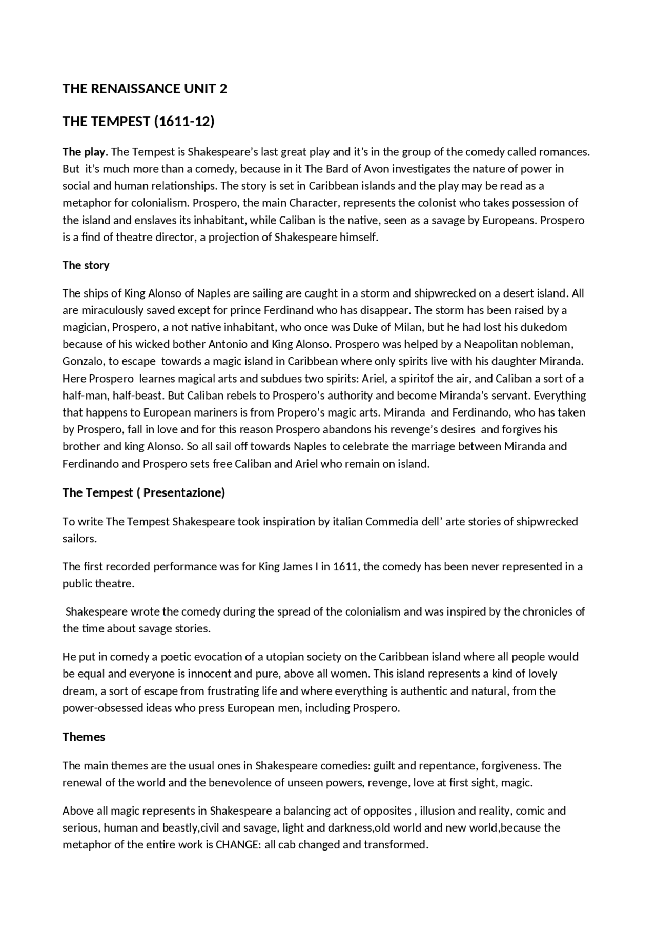 The Tempest Riassunti Inglese Docsity
